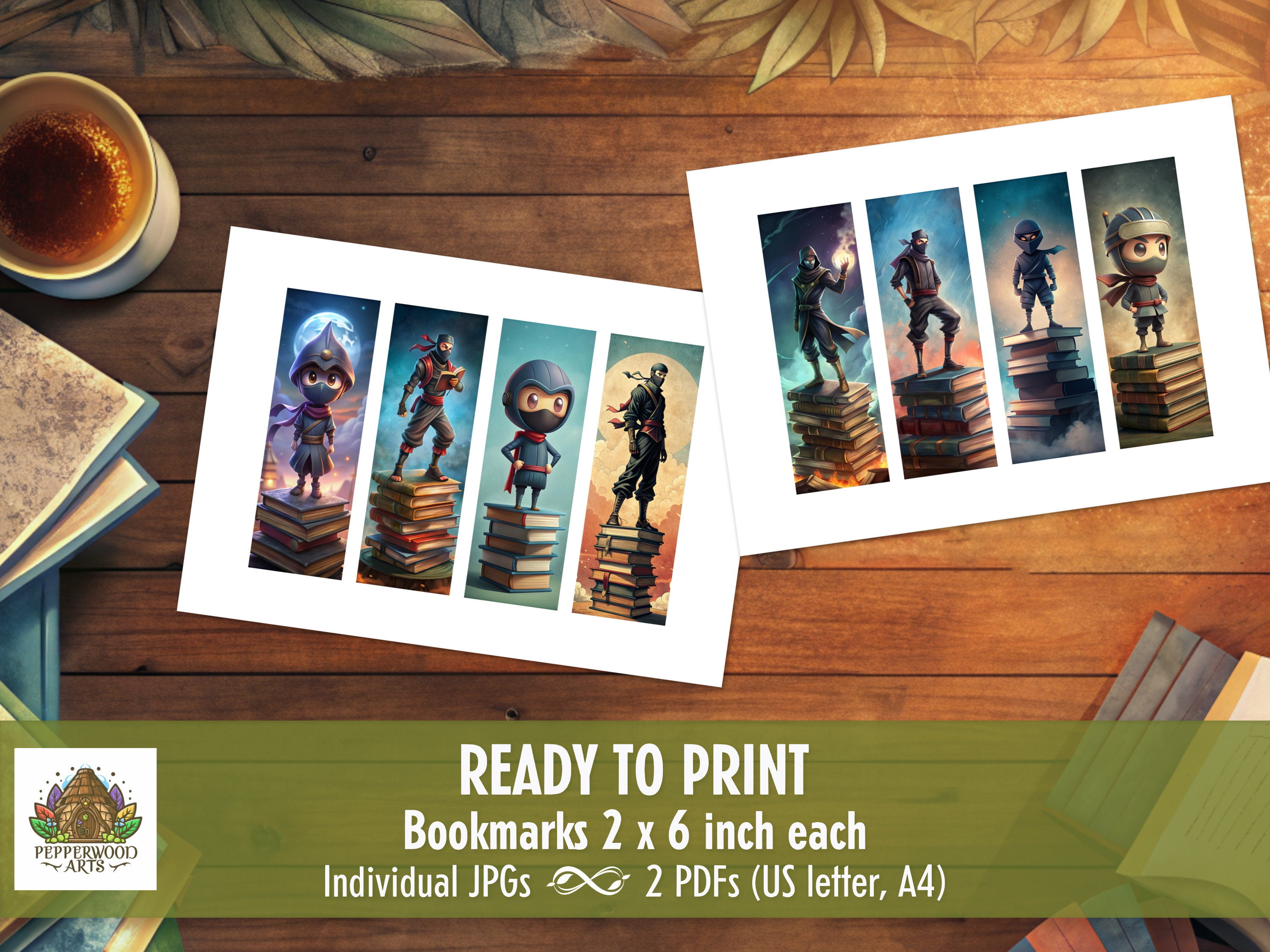 Ninjas on Stacked Books Printable Bookmarks, Ninja Bookmarks, Book ...