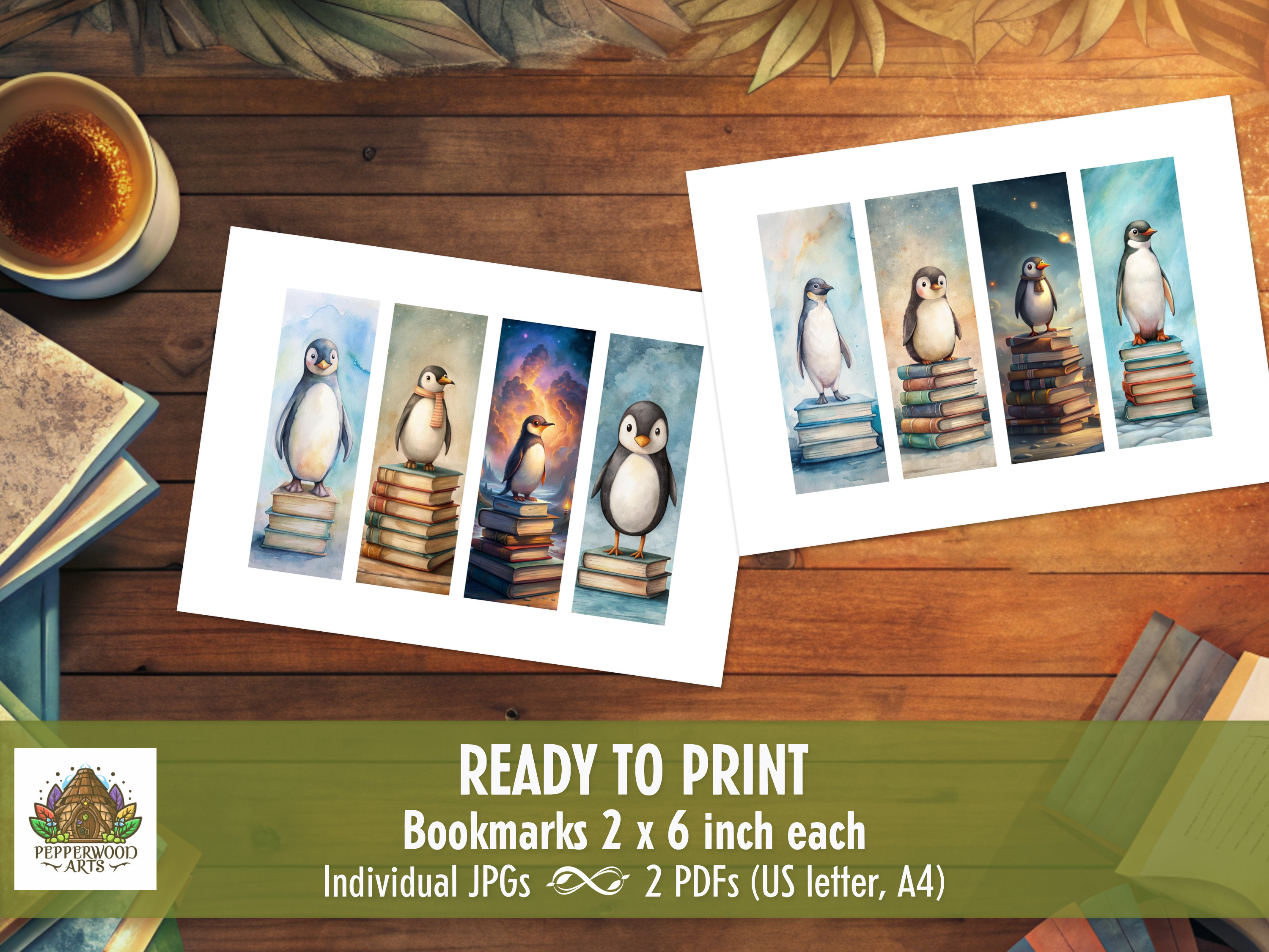 Penguins on Stacked Books Printable Bookmarks, Penguin Bookmarks, Book ...