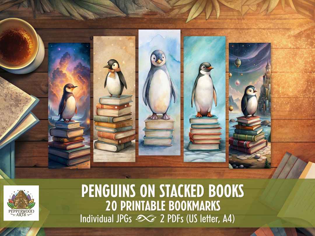 Penguins on Stacked Books Printable Bookmarks, Penguin Bookmarks, Book ...