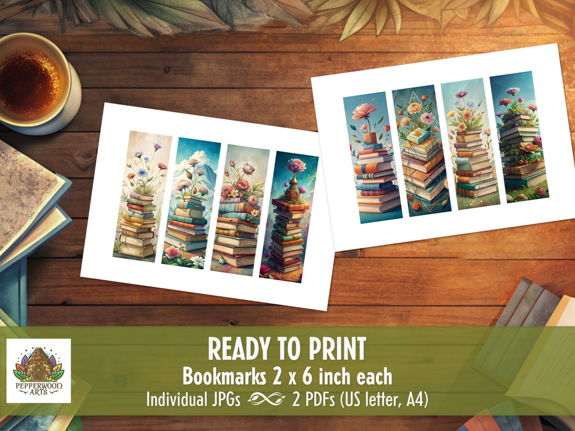 Flowers on Stacked Books Printable Bookmarks, Floral Bookmark Designs ...