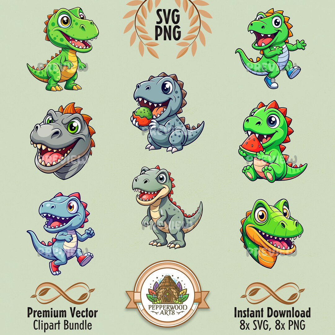 Cute T-rex Clipart Bundle, Baby Dinosaur Svg, Cute Trex Png, Cute Trex ...