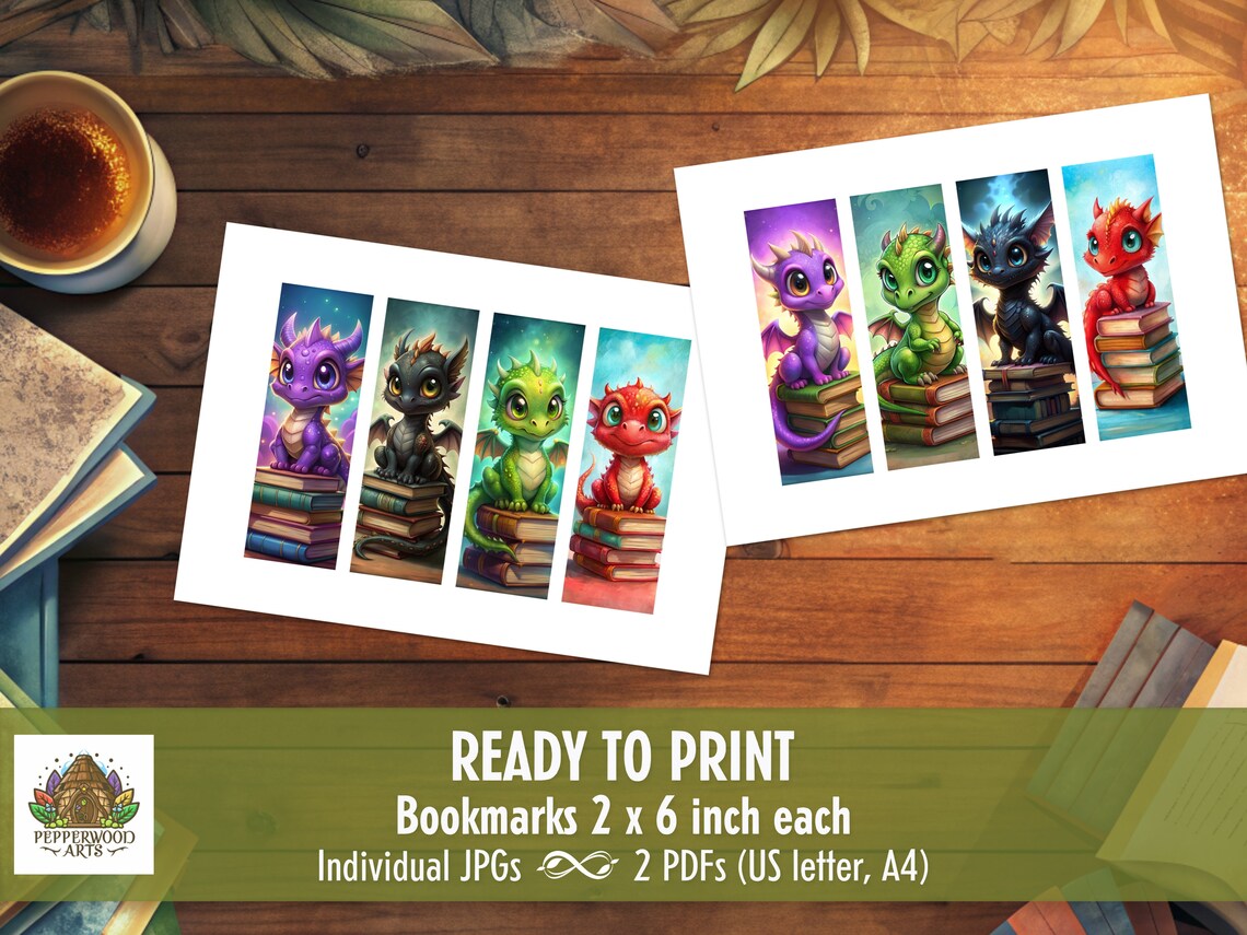 Baby Dragons on Stacked Books Printable Bookmarks, Baby Dragon ...