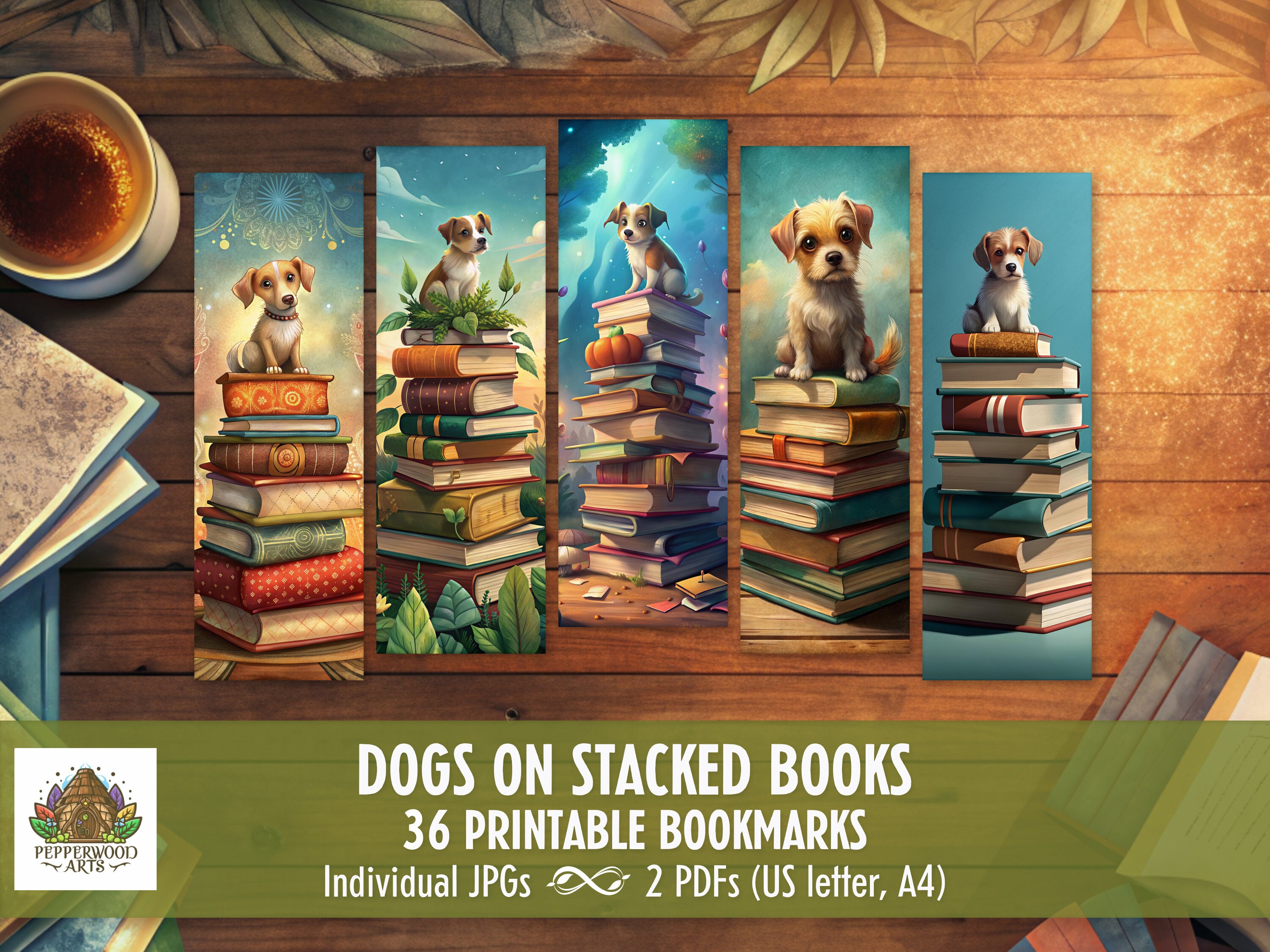 Dogs on Stacked Books Printable Bookmarks, Cute Puppy Bookmark Designs ...