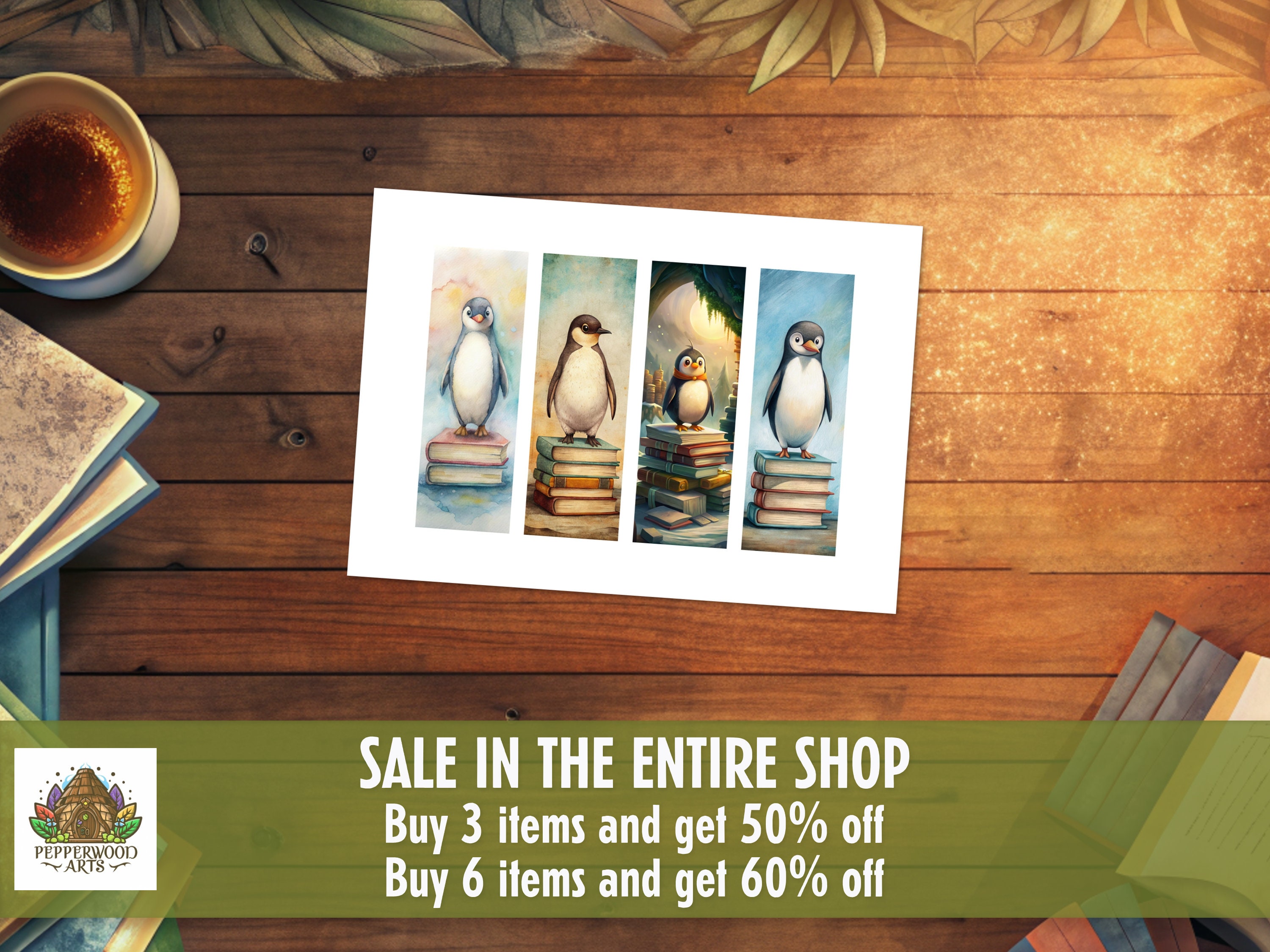 Penguins on Stacked Books Printable Bookmarks, Penguin Bookmarks, Book ...