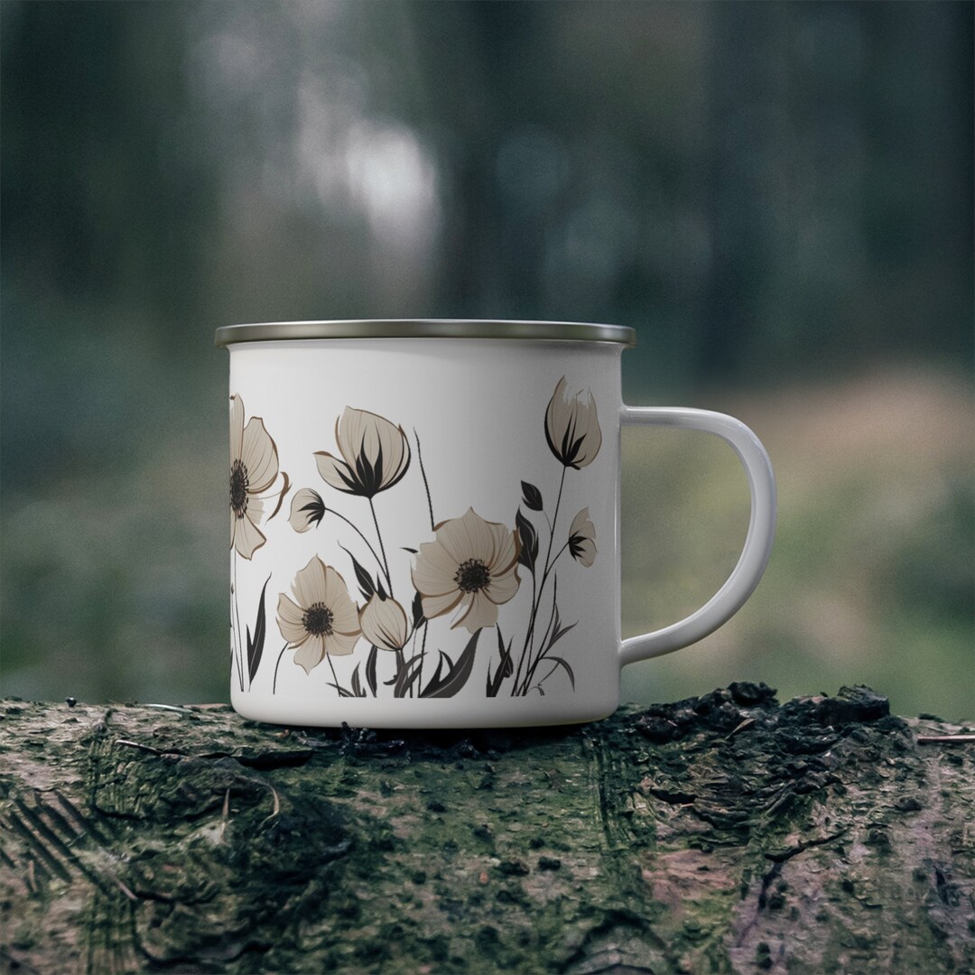 Botanical Wildflower Sprigs Grayscale Pattern Enamel Camping Mug ...