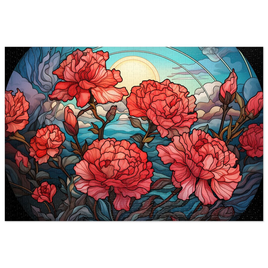 Red Carnations Sunny Sky Cloud Flower Garden Stained Glass Jigsaw ...
