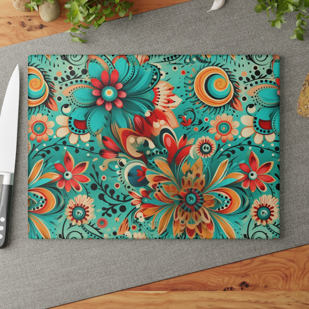 Bold Style Flower Bright Boho Aesthetic Tempered Glass Cutting Board ...