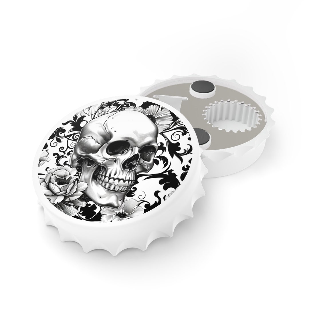 Monochrome Filigree Victorian Skull Macabre Floral Magnetic Bottle ...