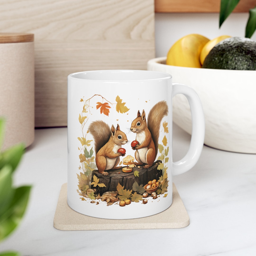 Cute Squirrels Coffee Mug, Gathering Nuts and Berries, Adorable ...