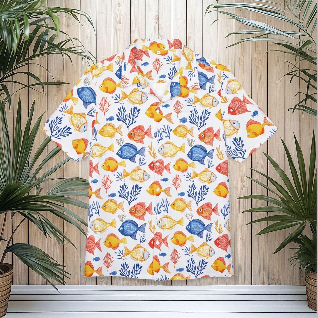 Tropical Fish Hawaiian Luau Shirt: Sea Coral Print Unisex Button-down ...