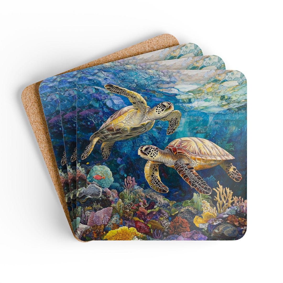 Vibrant Sea Turtles Ocean Coral Watercolor Style Tabletop Liquid ...