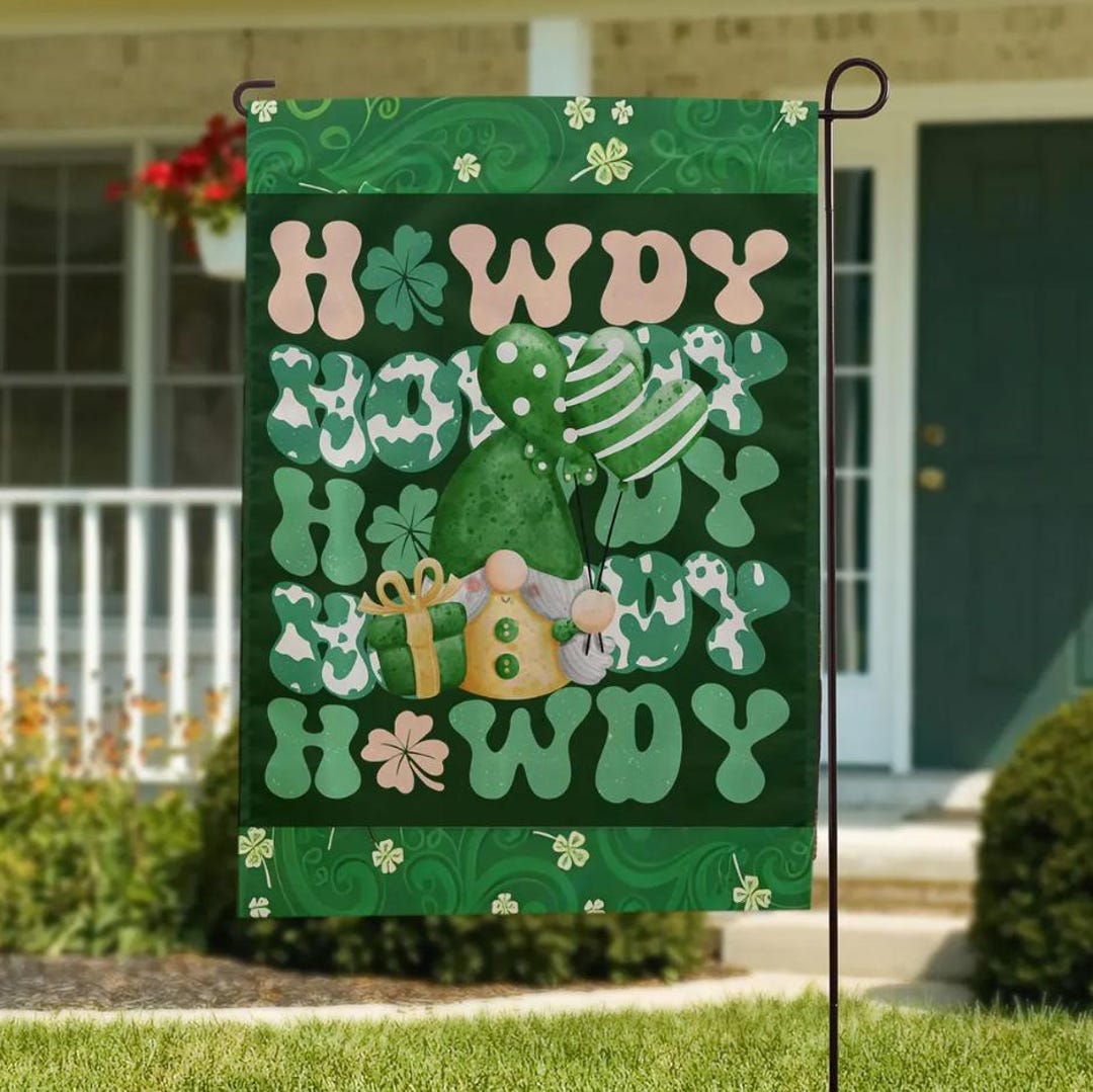 St. Patrick's Day Howdy Party Gnome Flag, Shamrock Hearts Western Flag ...