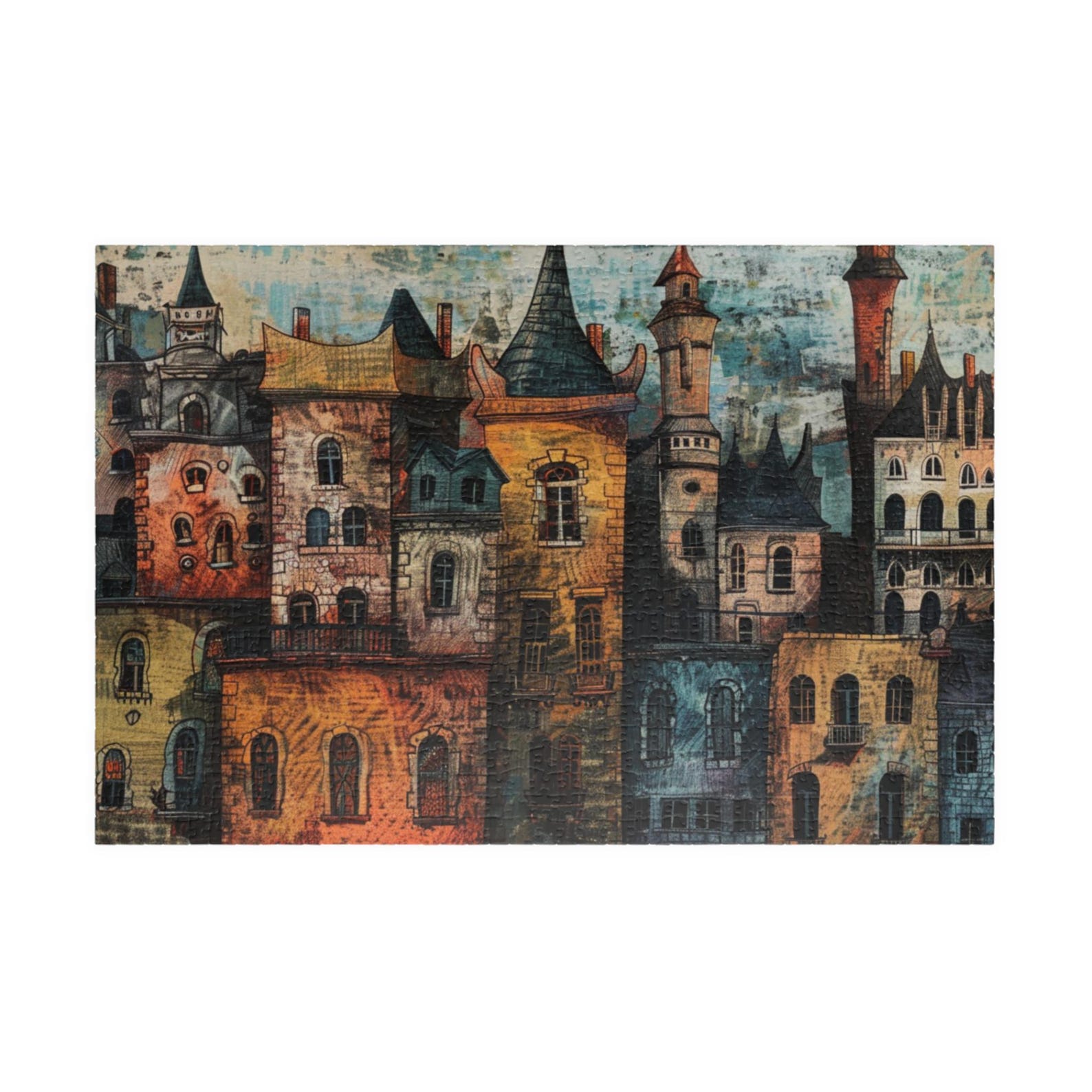 Vibrant Whimsical Village Jigsaw Puzzle, Fantasy Cityscape in the Style ...