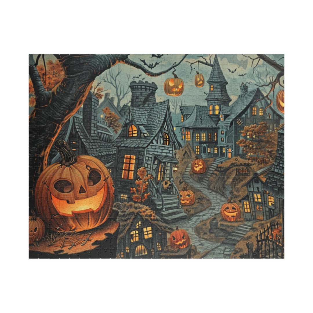 Jigsaw Puzzle, Halloween Hunted Village With Pumpkins and Bats ...