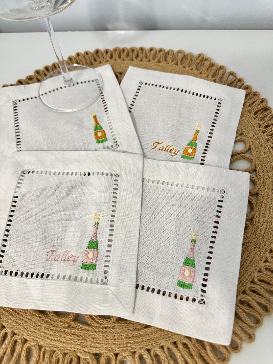 Custom Embroidered Linen Cocktail Napkins, Hemstitch Napkin, Bar Cart ...
