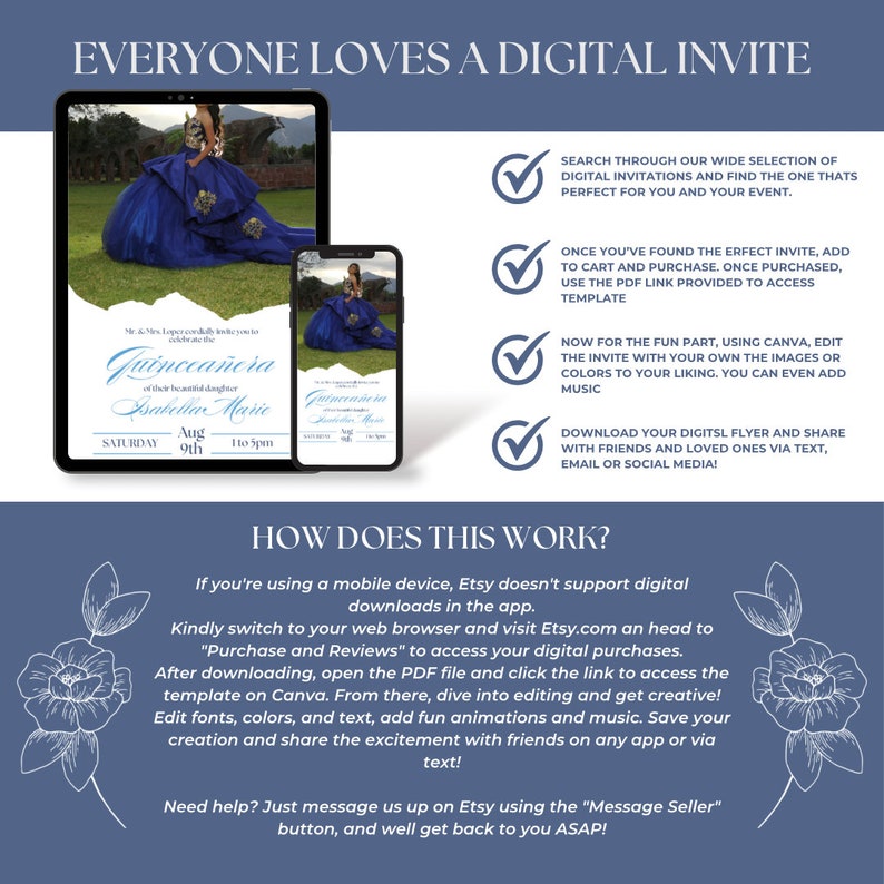 Quinceanera Invitation & Itinerary, Digital Floral Quince Brunch Party ...