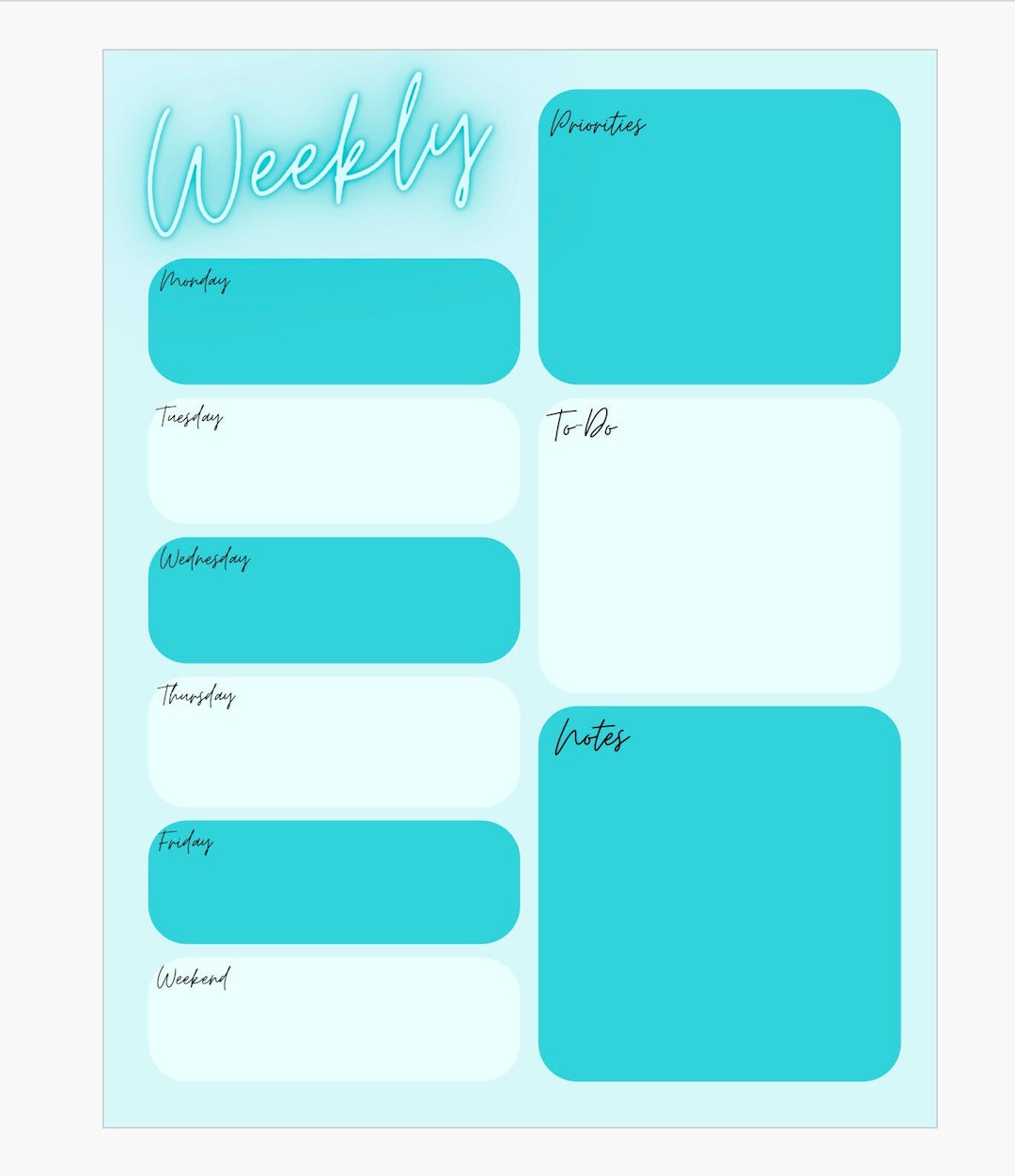 A4 Digital Weekly Planner Blue Simple Neon White - Etsy