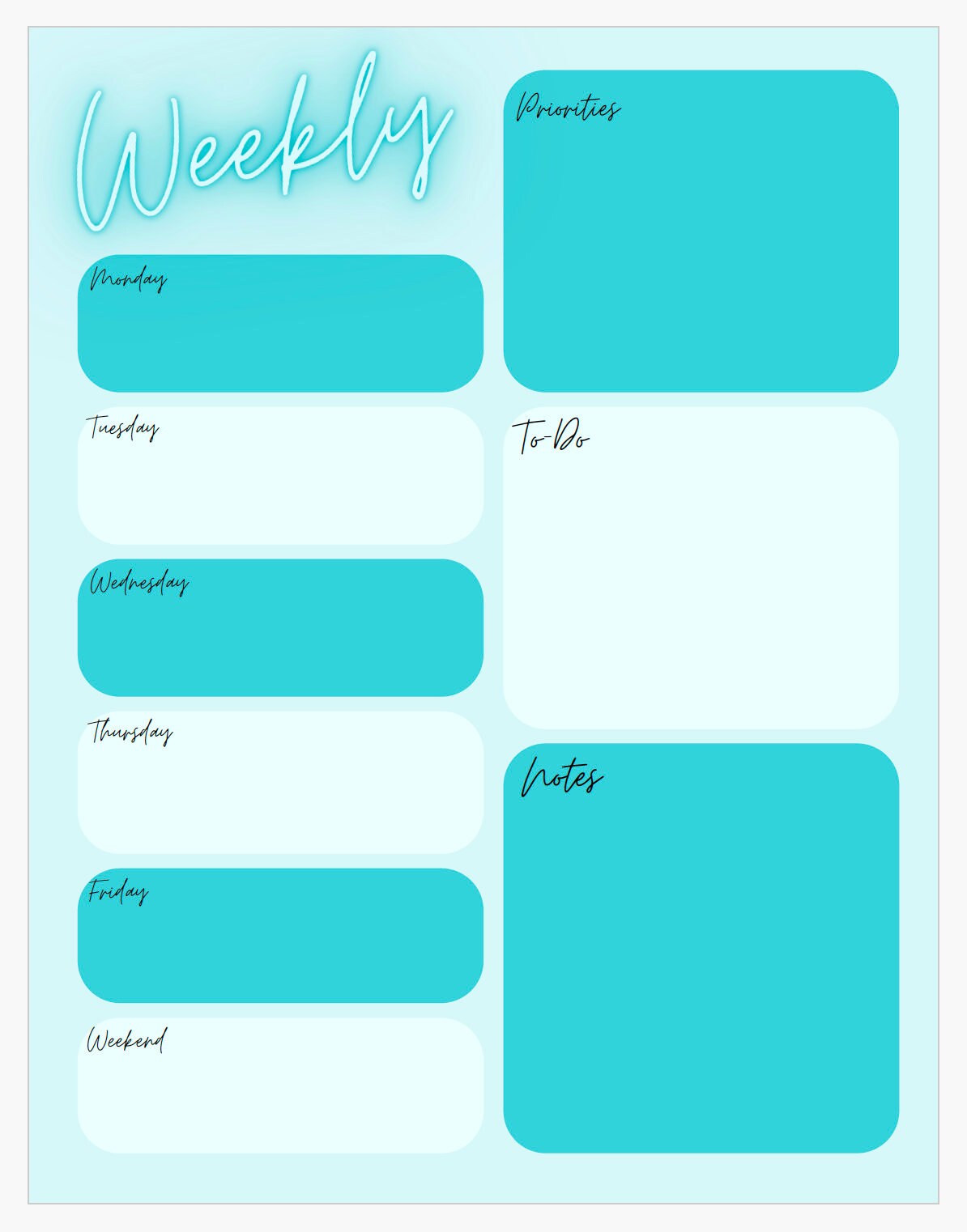 A4 Digital Weekly Planner Blue Simple Neon White - Etsy