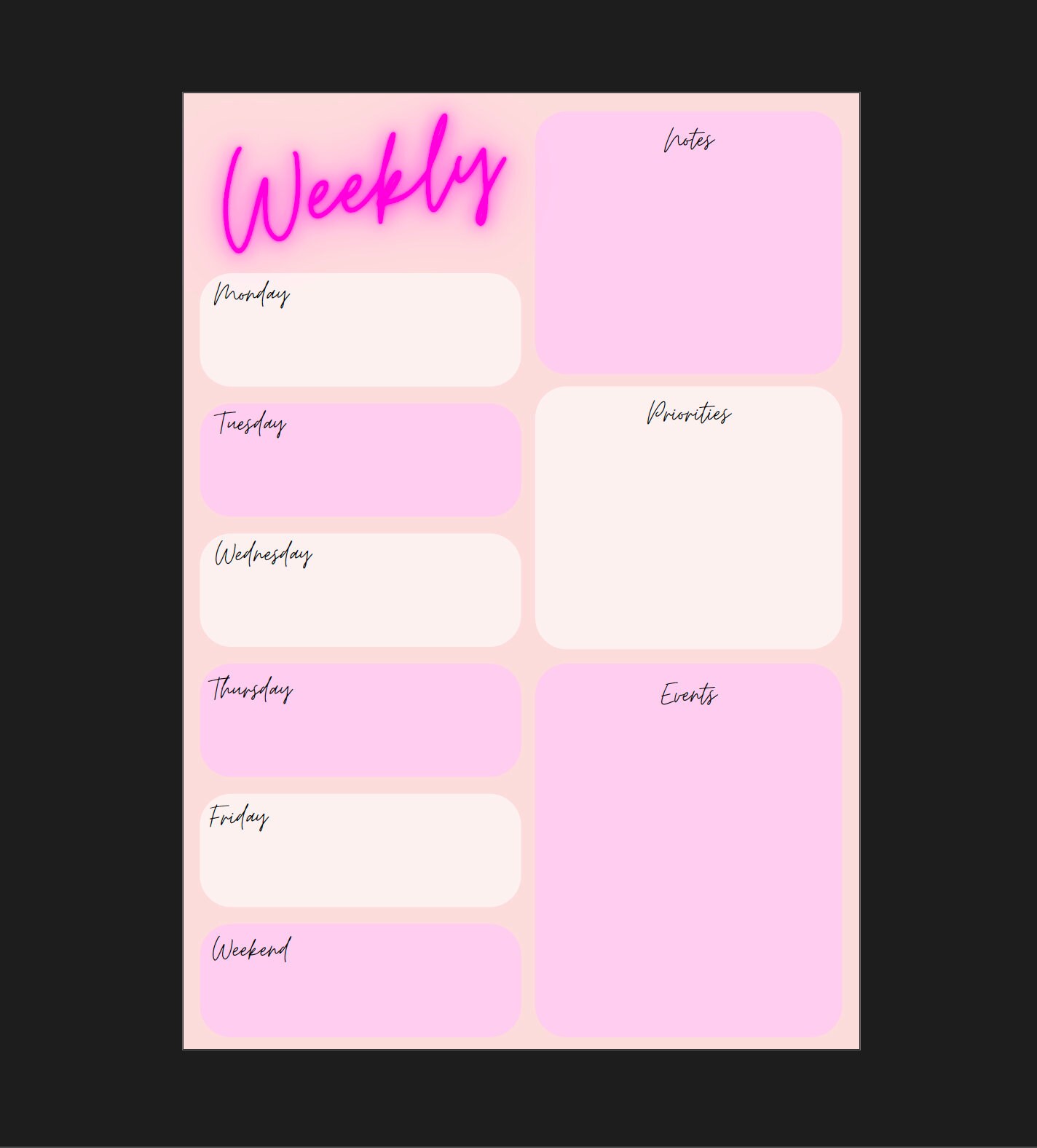 A4 Digital Weekly Planner Pink Simple Neon White - Etsy