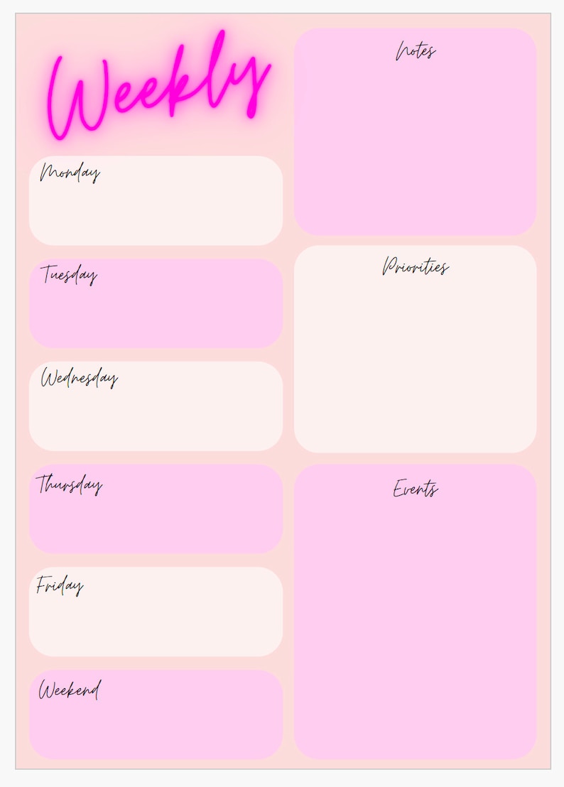 A4 Digital Weekly Planner Pink Simple Neon White - Etsy