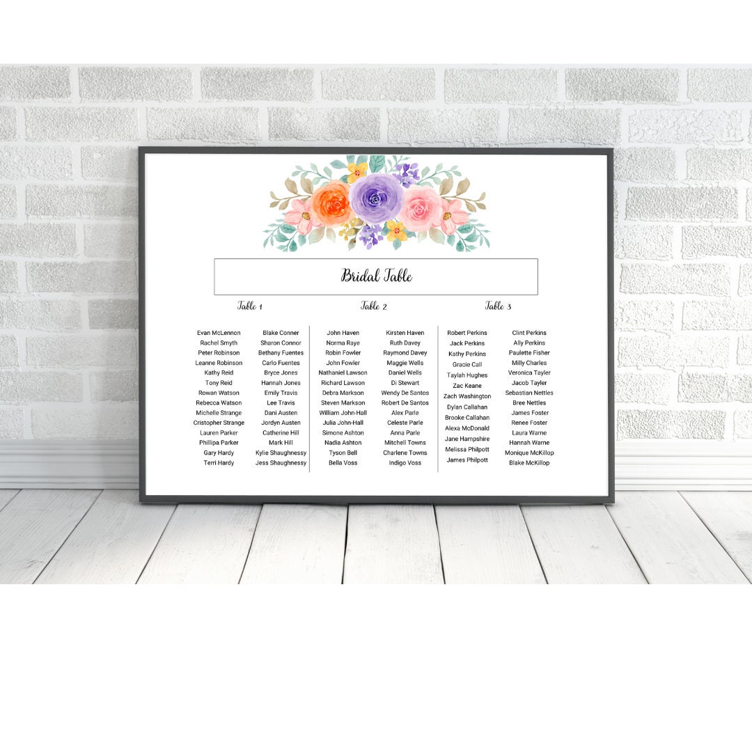 Printable Wedding Seating Chart Landscape: digital Template - Etsy