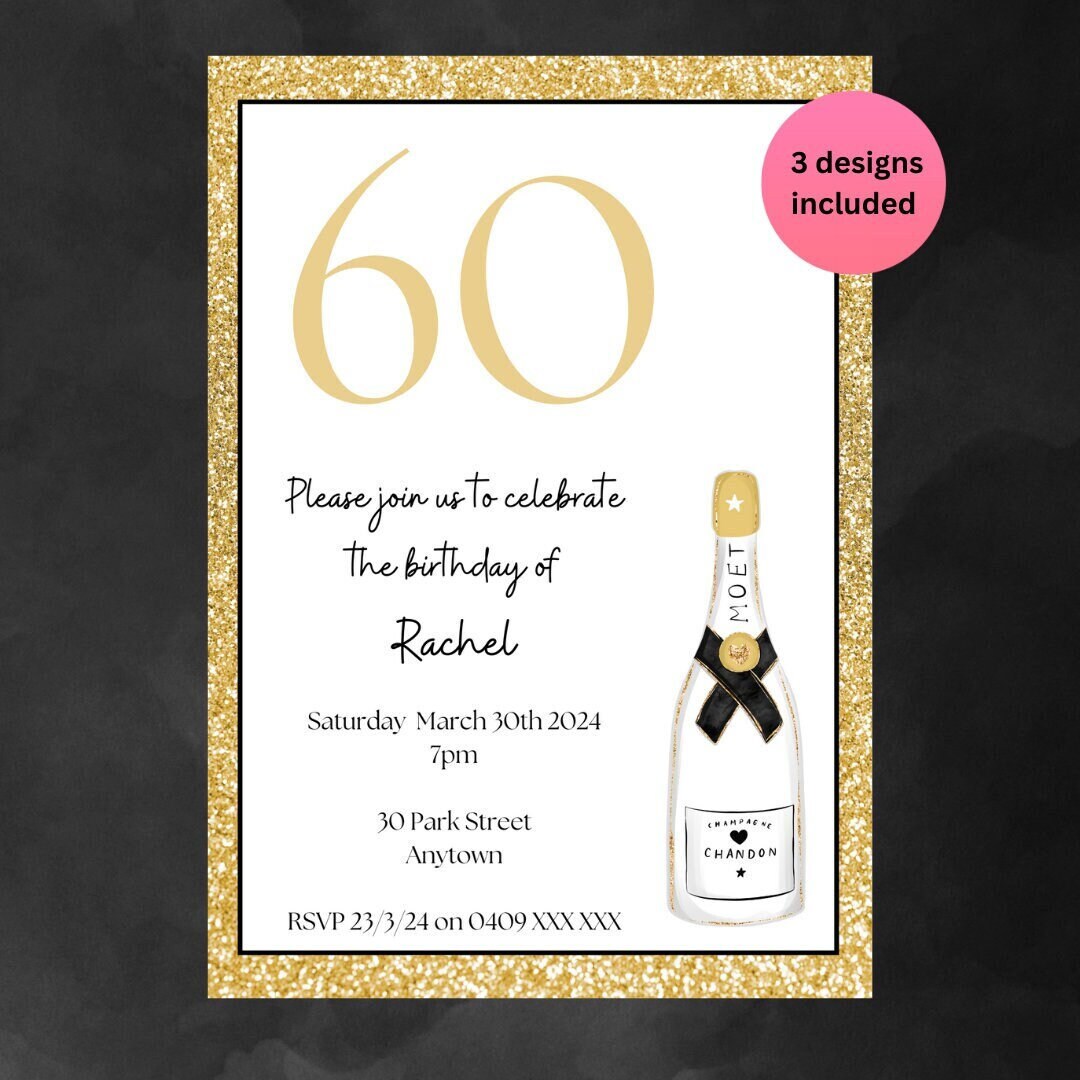 60th Birthday Party Invitation Gold Champagne Theme Invitation for 60th Birthday - Etsy