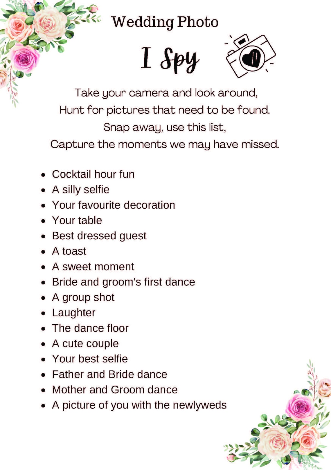 Customisable Printable Wedding 'I Spy' Photo List and Qr/hashtag ...