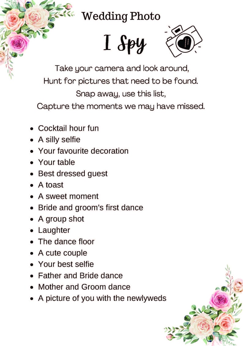 Customisable Printable Wedding 'I Spy' Photo List and Qr/hashtag ...