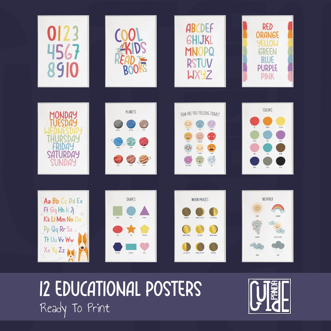 Set of Educational Posters, 12 Home School Printables, Alphabet Poster ...