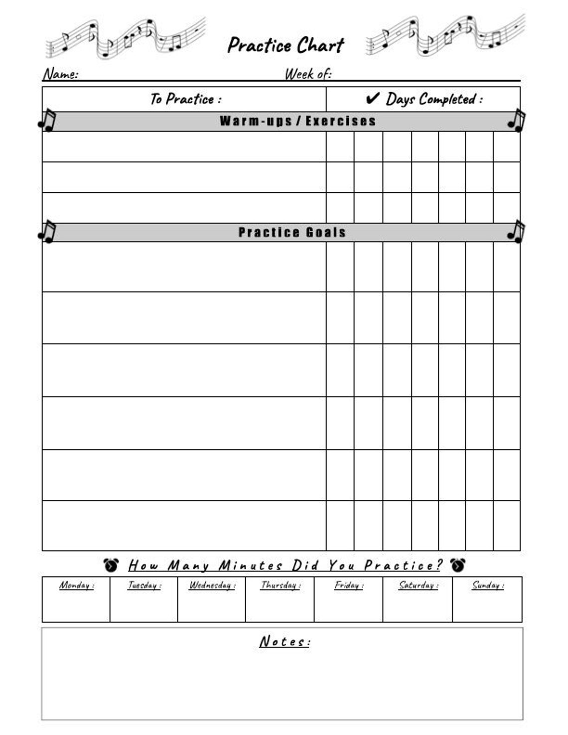 Printable Weekly Practice Chart, Music Practice, Practice Planner ...