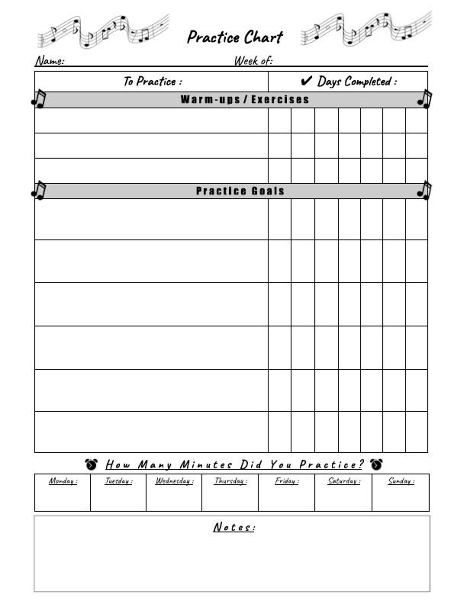 Printable Weekly Practice Chart, Music Practice, Practice Planner ...