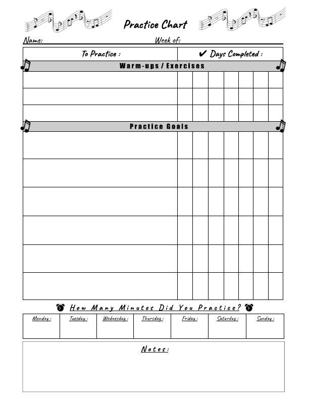 Printable Weekly Practice Chart, Music Practice, Practice Planner ...