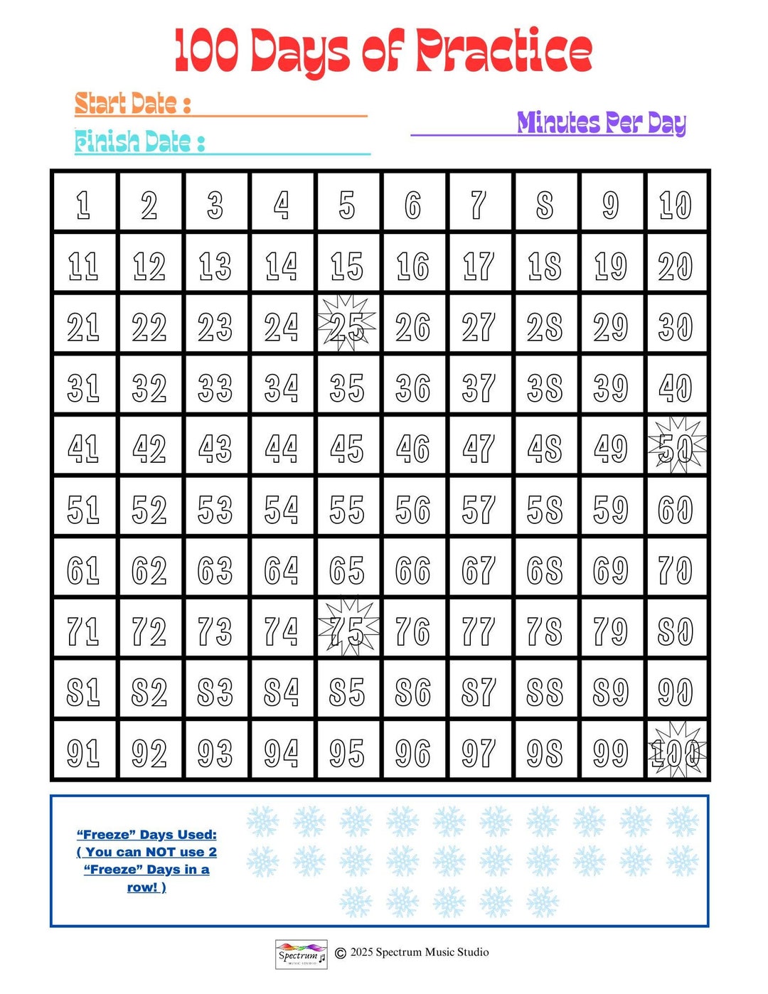 Music Practice Challenge, Printable 100 Days Practice Chart, One Hundred Days of Practice, Piano ...