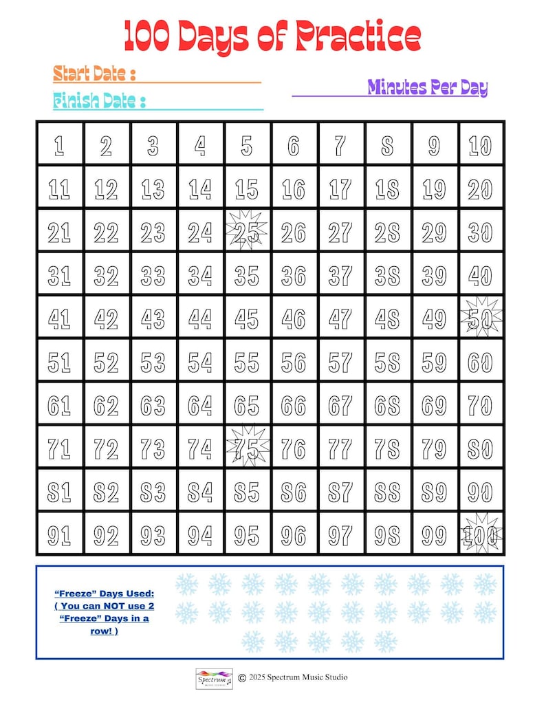 Music Practice Challenge, Printable 100 Days Practice Chart, One ...