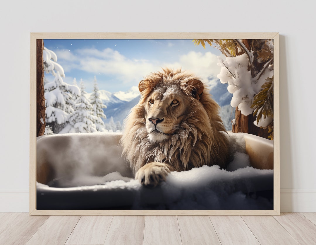 Lion in Bathtub tub Time Animals Series Bathroom Decor Printable Wall ...