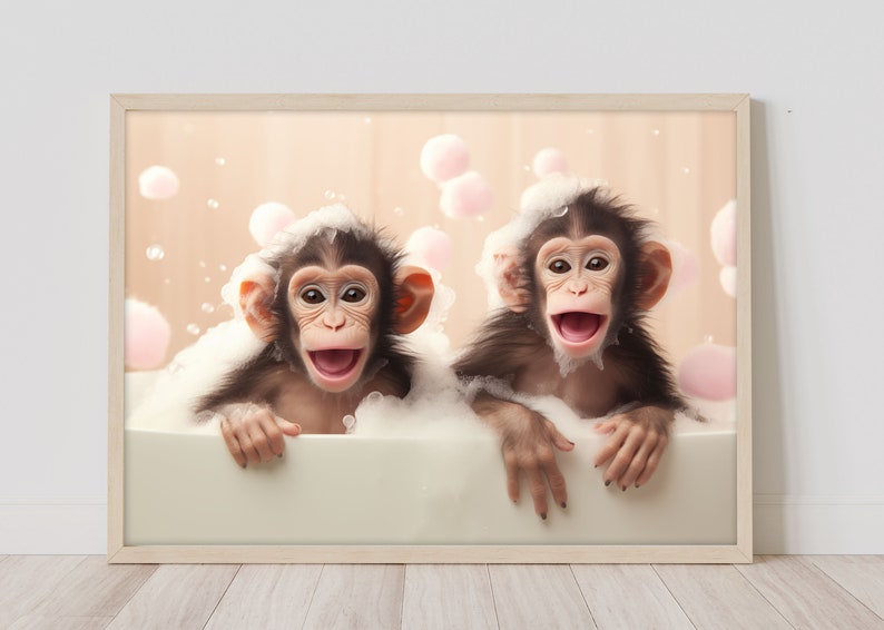 Cute Adorable Monkeys in a Bath Tub Printable Wall Art Silly Monkey Photo Monkey Art Kid ...