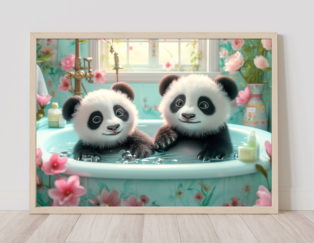 Adorable Pandas in Tub tub Time Animals Series Kid Bathroom Decor ...