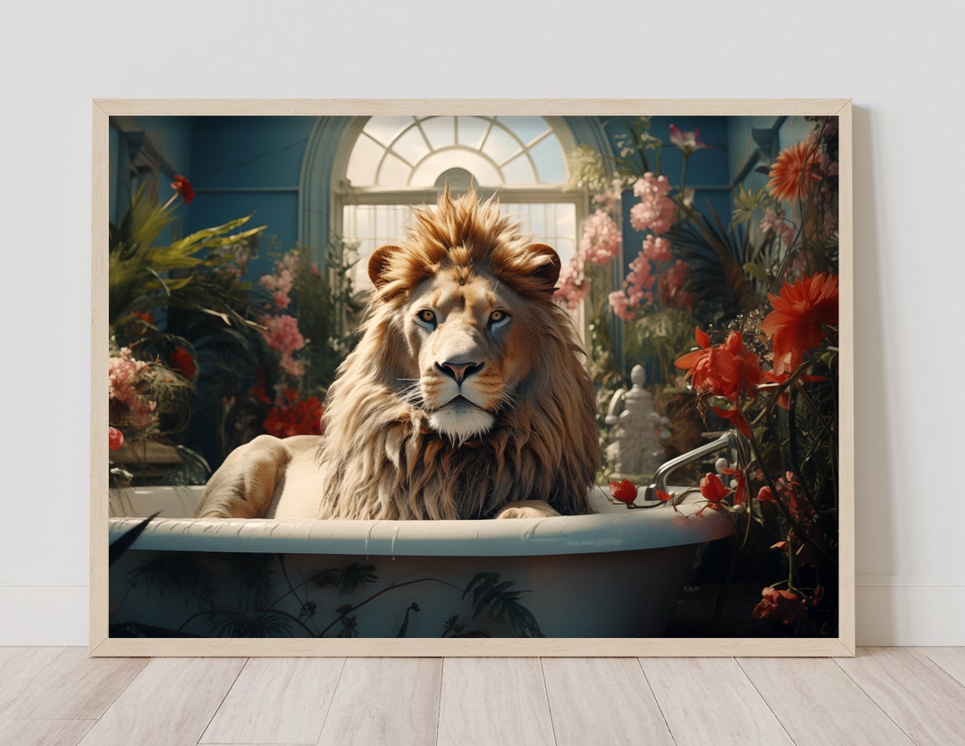 Lion in Bathtub Lion in Tub Bathroom Decor Printable Wall Art Lion ...