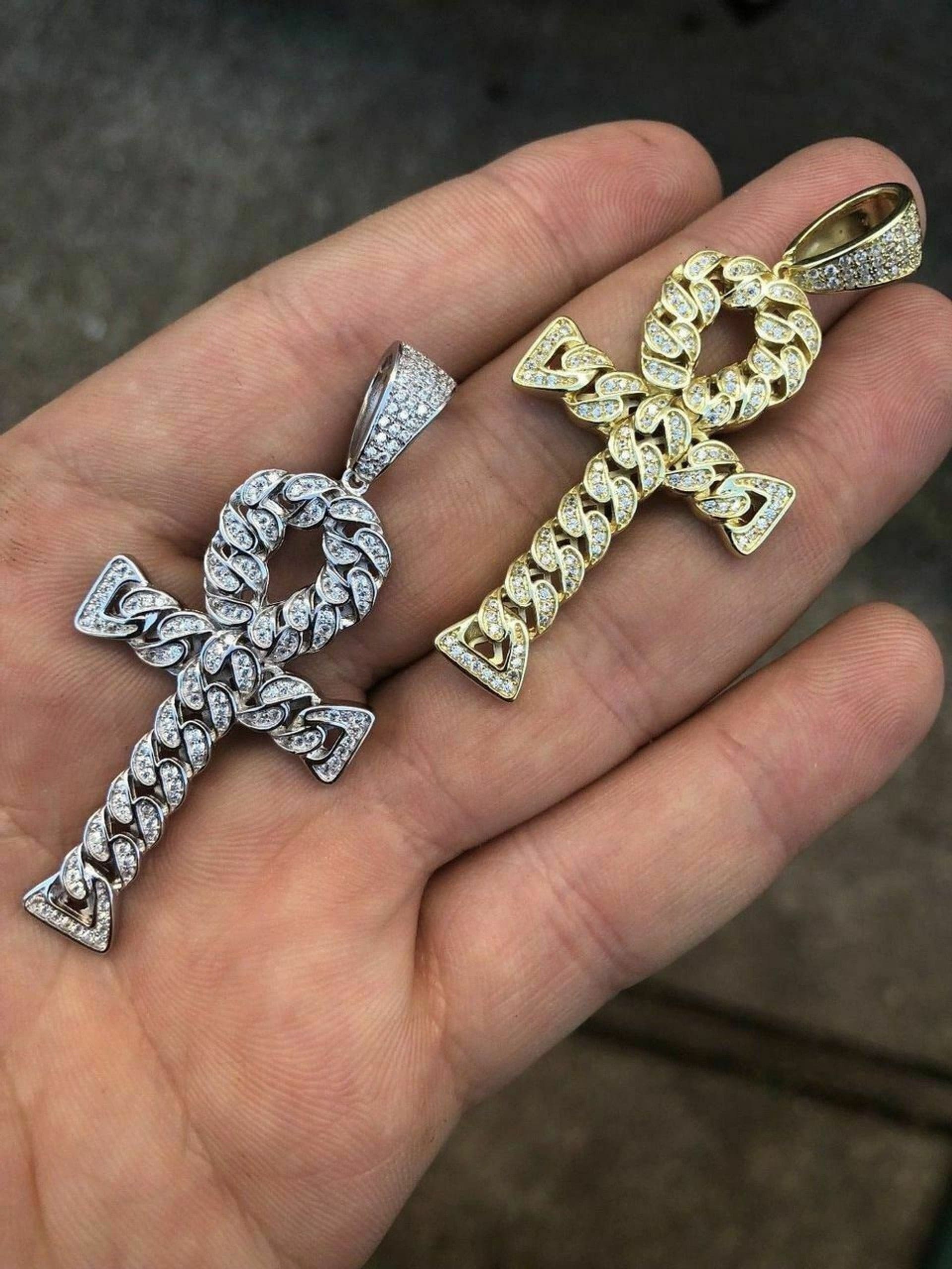 Ankh Cuban Link Cross 14k Gold Solid 925 Sterling Silver Pendant 1ct ...