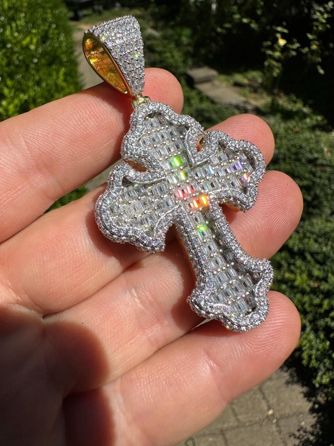 MOISSANITE Gothic Tupac Cross Pendant Iced Baguette Necklace 14k Gold ...