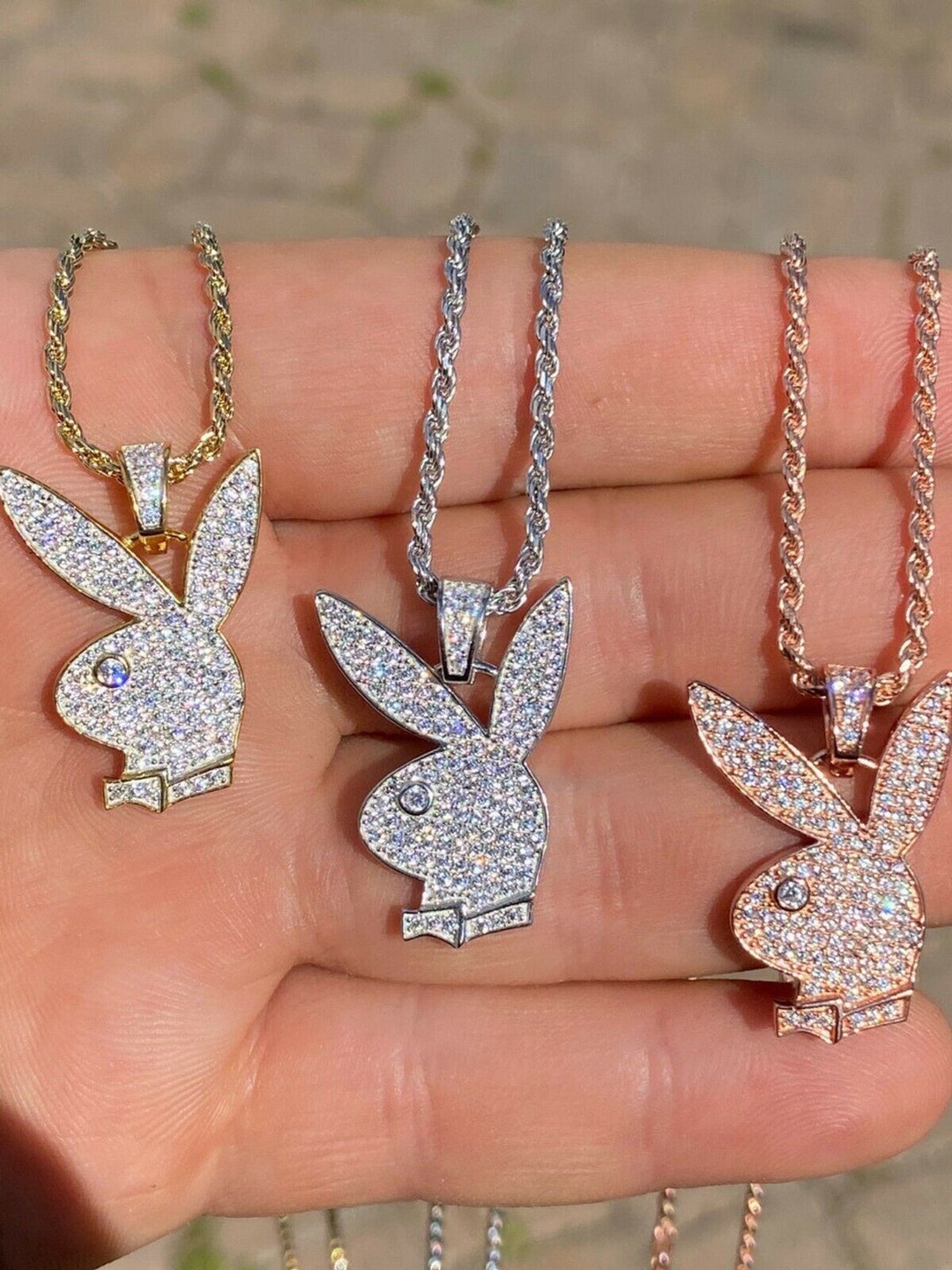 Playboy Bunny Pendant Iced Diamond Real 925 Silver Gold Rose Necklace - Etsy