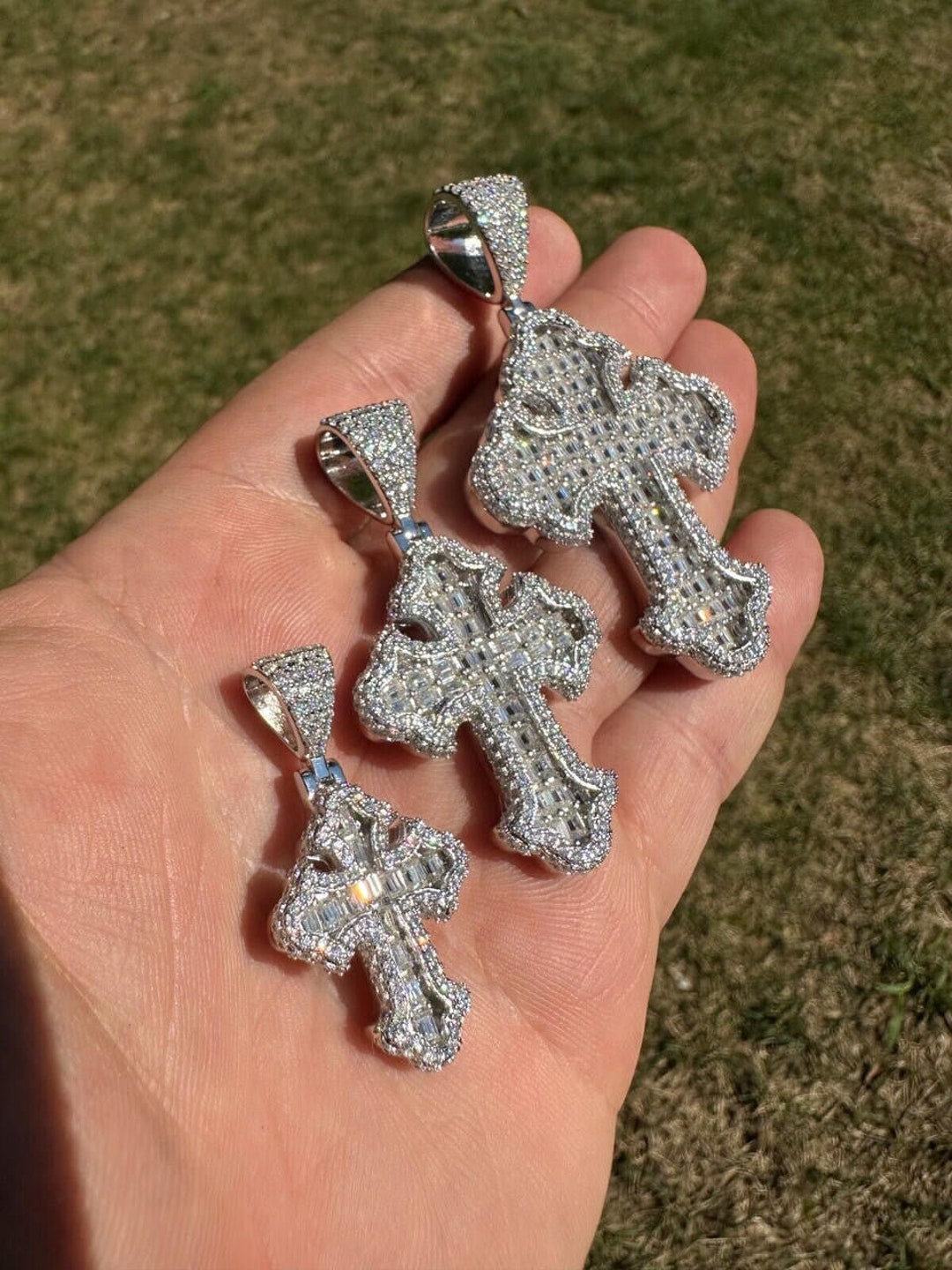 MOISSANITE 2pac Gothic Cross Pendant Iced Baguette Necklace Real 925 ...