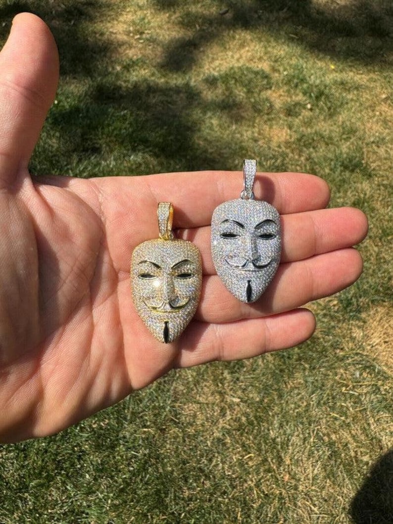 Real Moissanite V for Vendetta Mask Iced Anonymous Pendant Necklace 925 ...