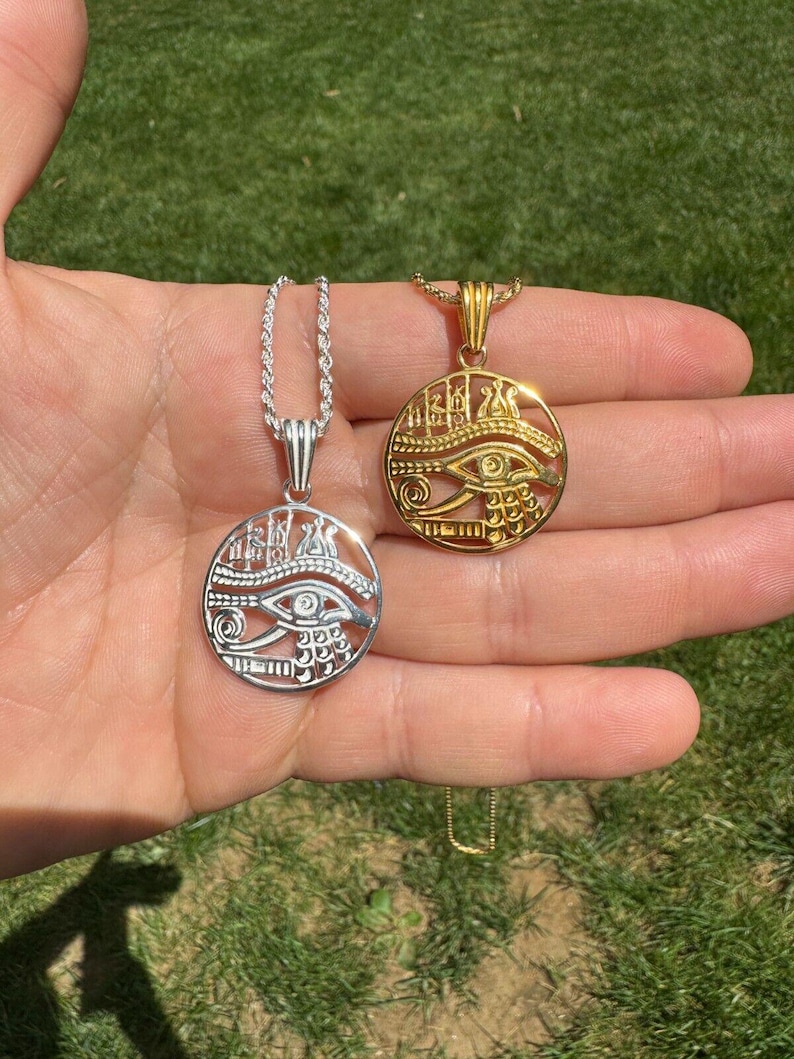 Eye of Horus Egyptian Hieroglyphics Real 925 Silver / Gold Necklace ...
