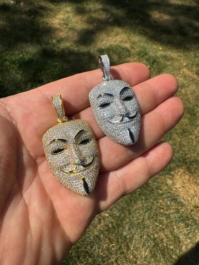 Real Moissanite V for Vendetta Mask Iced Anonymous Pendant Necklace 925 ...