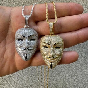 Real Moissanite V for Vendetta Mask Iced Anonymous Pendant Necklace 925 ...