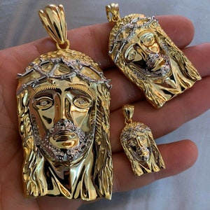 Solid 925 Silver & 14k Gold Jesus Piece 0.1ct REAL Natural Diamond Iced ...