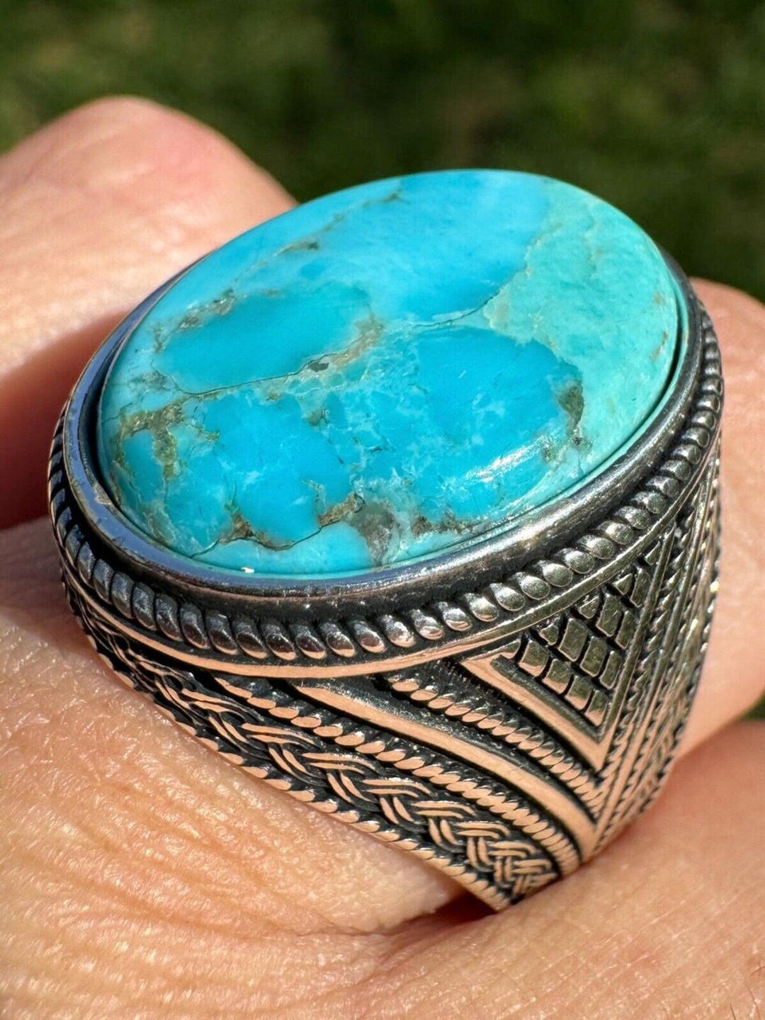 Natural Turquoise Mens Real Solid 925 Silver Handmade Oval Native ...