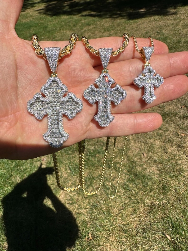 MOISSANITE Gothic Tupac Cross Pendant Iced Baguette Necklace 14k Gold ...