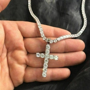 4mm Single Row Tennis Chain W. Cross Solid 925 Sterling Silver 80ct Man ...
